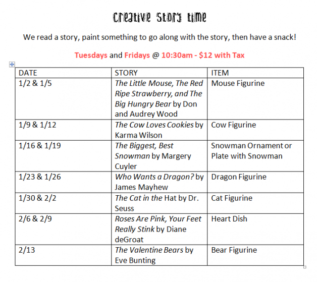 Storytime January Schedule | Ceramic Cafe Kansas City